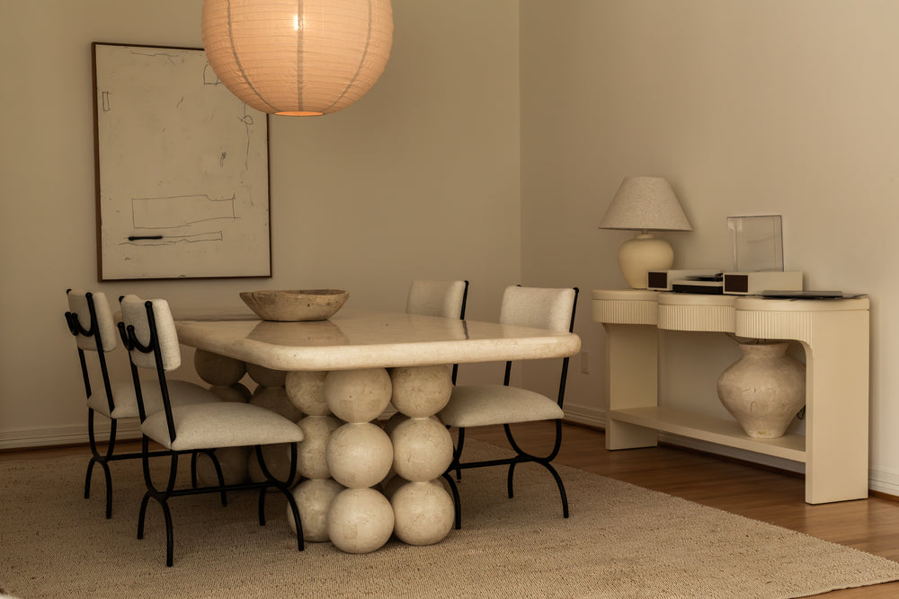 Dining Tables: Fossil Stone, Marble, Round & Gmelina Wood - En Gold